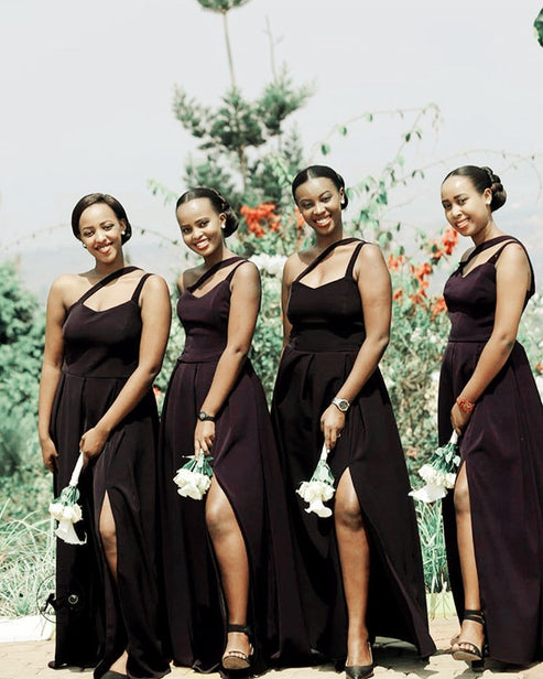 One Shoulder Leg Split Satin Bridesmaid Dresses Long – Lisposa