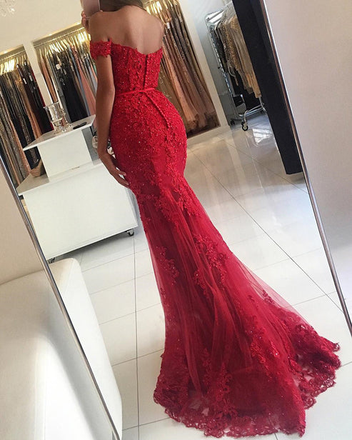 Mermaid Lace Evening Dresses Off The Shoulder Prom Gown – Lisposa