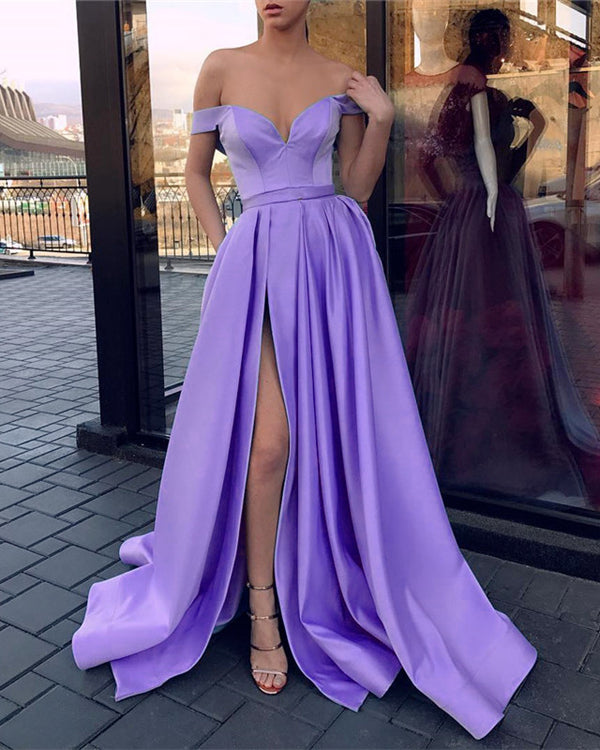 Formal Satin Long Split Dresses Off Shoulder – Lisposa